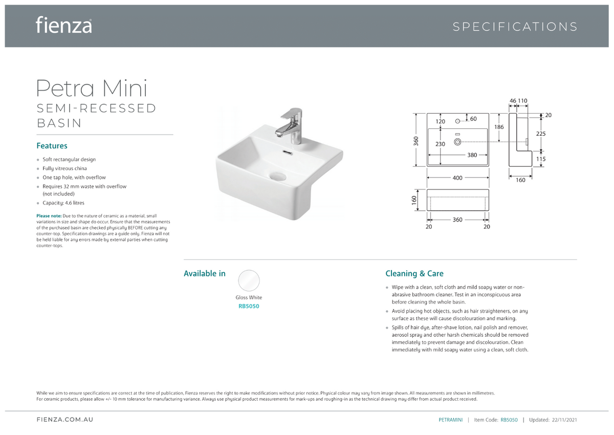 Fienza Petra Mini Semi-Recessed Ceramic Basin – Timeless Bathroom Supplies